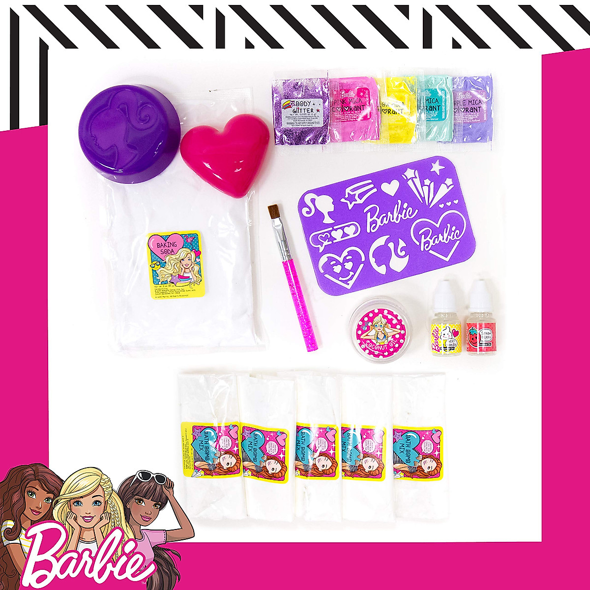 Barbie Make Your Own Bath Bomb Kit by Horizon Group USA, DIY Four Custom Colorful & Sweet-Smelling Bath Bombs, Includes Stencil, Glitter, Molds, Fragrances & More, Pink, Yellow, Teal & Purple