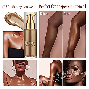 Body Luminizer, Highlighter Makeup Waterproof Moisturizing Glow Illuminator Liquid Foundation for Face & Body,Smooth Body Shimmer Lotion(#03 Glistening Bronze）