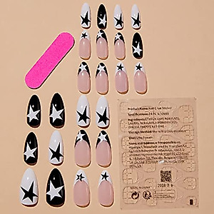 24 Pcs Press on Nails Medium Almond Fake Nails French Tip Black White Stars Designs False Nails with Black White Glossy Acrylic Full Cover Nude Acrylic Nails Reusable Artificial Nails for Women Girls