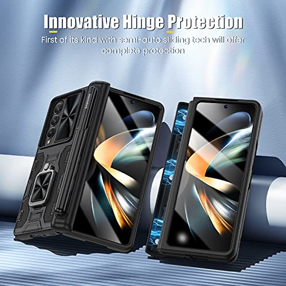 Caka for Z Fold 4 Case, Galaxy Z Fold 4 Case with Screen Protector & S Pen Holder, Kickstand Ring Stand Camera Cover & Hinge Protection Phone Case for Samsung Galaxy Z Fold 4 5G 2022-Black