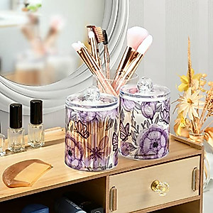 Clear Plastic Jar Set for Cotton Ball, Cotton Swab, Cotton Round Pads, Floss, Purple Flower and Butterfly Bathroom Canisters Storage Organizer, Vanity Makeup Organizer,2Pack