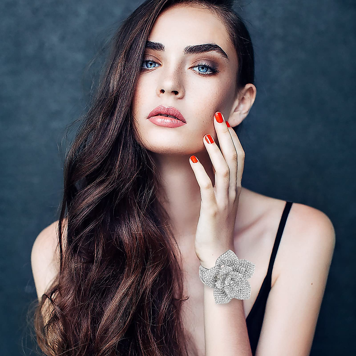 Jojomina Flower Arm Cuff Rhinestone Bracelet for Women Silver Crystal Stretch Prom Bridal Bracelet Jewelry for Bride Wedding Party Dating