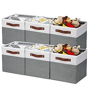 HNZIGE Fabric Storage Cubes 11x11x11,6Pcs Storage Cubes Organizer shelves, Large Linen Closet Foldable Storage Cubes for Shelves,Baskets for Cube Storage Home, Office Toy (White Gray)