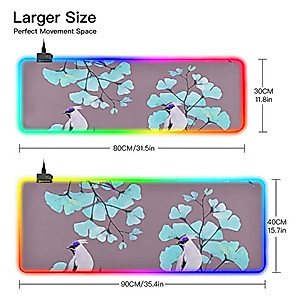 Large RGB Gaming Mouse Pad Ginkgo Leaves Birds Pattern Glowing Extended Mousepad 31.5x11.8in, Soft Anti-Slip Rubber Base Luminous Mouse Mat for Pc Laptop, Gaming, Office, Home