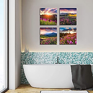 Noah Art-Modern Landscape Art Print Posters, Sun Light over Mountains Wall Art Pictures of Flowers on Canvas Print, 4 Piece Sunrise Canvas Art Ready to Hang Outdoor Wall Art for Bathroom Wall Decor