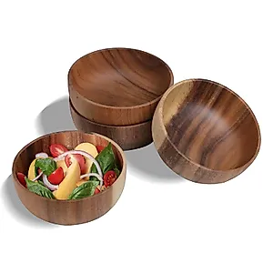 Bufanli Acacia Wood Salad Bowls 6.3 Inches Set of 4 Individual Large Wood Bowl for Cereal Fruits Salads and Decoration