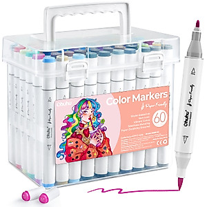 Ohuhu Markers Paper-friendly No Peeling Water-based Coloring Markers 60 Colors Dual Brush Fine Tips Markers for Adult Coloring Books No Bleeding Art Markers for Kids Adults Beginner Calligraphy
