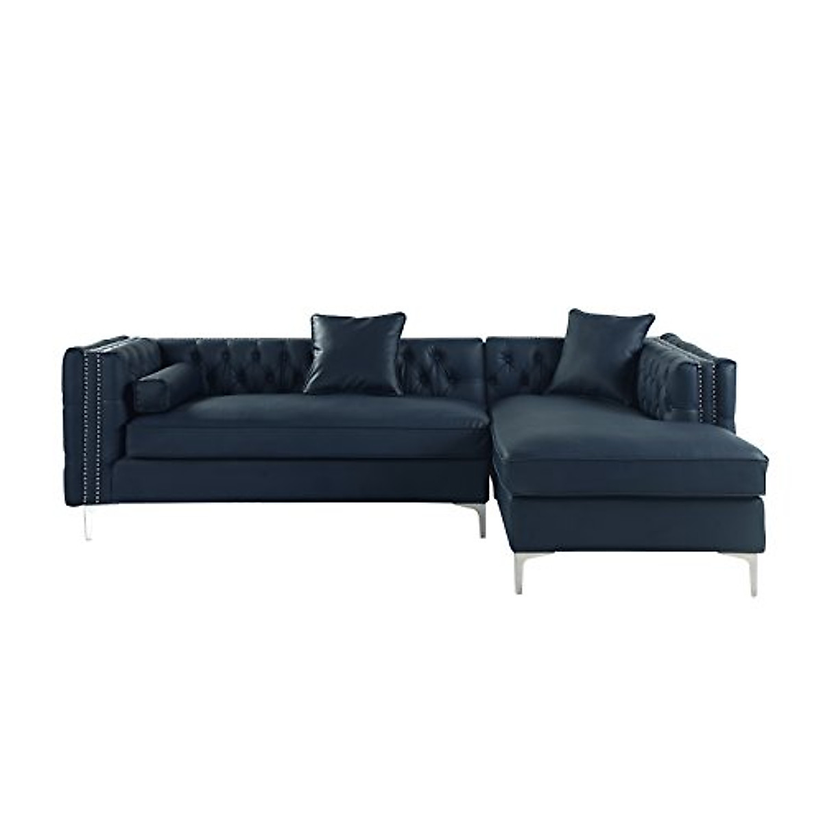 Iconic Home Da Vinci Right Hand Facing Sectional Sofa L Shape Chaise PU Leather Button Tufted with Silver Nailhead Trim Silvertone Metal Leg with 3 Accent Pillows, Modern Contemporary, Navy