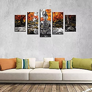 AWLXPHY Decor Buddha Waterfall Wall Art Canvas Painting Framed 5 Panels for Living Room Decoration Modern Landscape Buddha Trees Zen Stretched Artwork Giclee (Yellow, 60"x30")