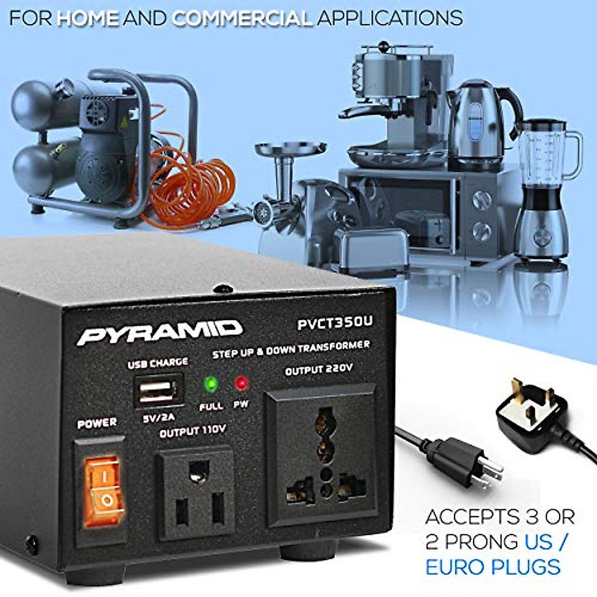 Pyramid Step Up and Down Converter -350 Watt Voltage Converter Transformer w/ USB Charging Port, UK Power Adapter, AC 110 / 120 to 220 / 240 Volt Vice Versa, 110V/120V/220V/240V Input Voltage PVCT350U