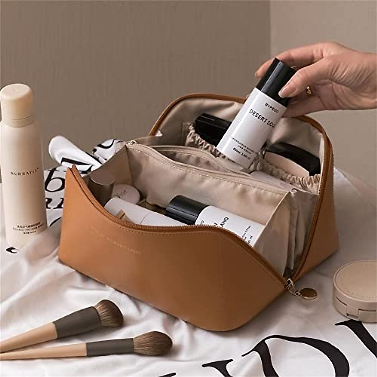 KIMBURG Large Capacity Travel Makeup Bag Portable Travel Cosmetic Bag for Women,Makeup Organizer Storage Cases Toiletry Bag Waterproof Bathroom Bag for Girls With Handle and Divider(Brown)