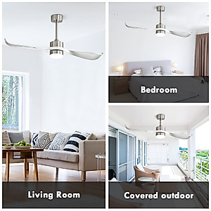 WINGBO 52" DC Ceiling Fan with Lights and Remote, Brushed Nickel and Silver Ceiling Fan, 2 Curved ABS Plastic Blades, 6-Speed DC Motor, Modern Ceiling Fan for Kitchen Bedroom Living Room, ETL Listed