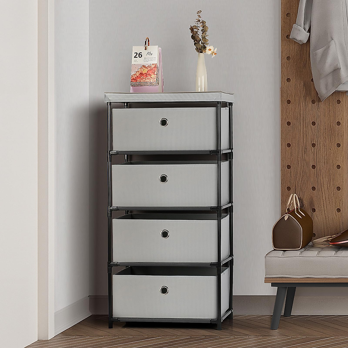 MOOACE Fabric Storage Dresser with Drawers, 4 Drawers Clothes Organizer and Storage Tower for Bedroom, Small Fabric Storage and Chest of Drawers, Light Gray
