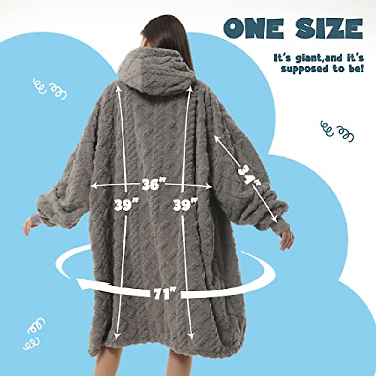DEZANBO 3D Sherpa Wearable Blanket for Women Men Oversized Blanket Hoodie,Fluffy Sweatshirt,Ultra Soft Comfortable Warm,Oversized Pocket,One Size Fits All,Grey