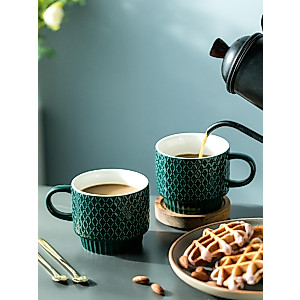 LYEOBOH Coffee Mug Set Porcelain Stackable Coffee Mugs with Stand and Spoons, 13 OZ. Cappuccino Cup Demitasse Cups for Drinks, Espresso, Latte,Set of 4, Dark Green