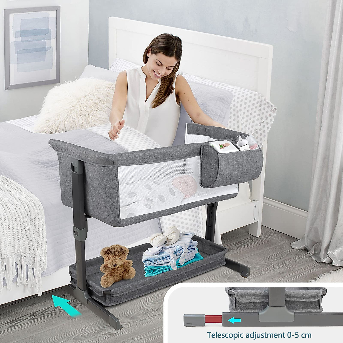 SURPCOS Baby Bassinet, Bedside Bassinet for Baby, Baby Cradle with Storage Basket, Adjustable Bedside Crib, Bedside Sleeper with Comfortable Mattress Grey