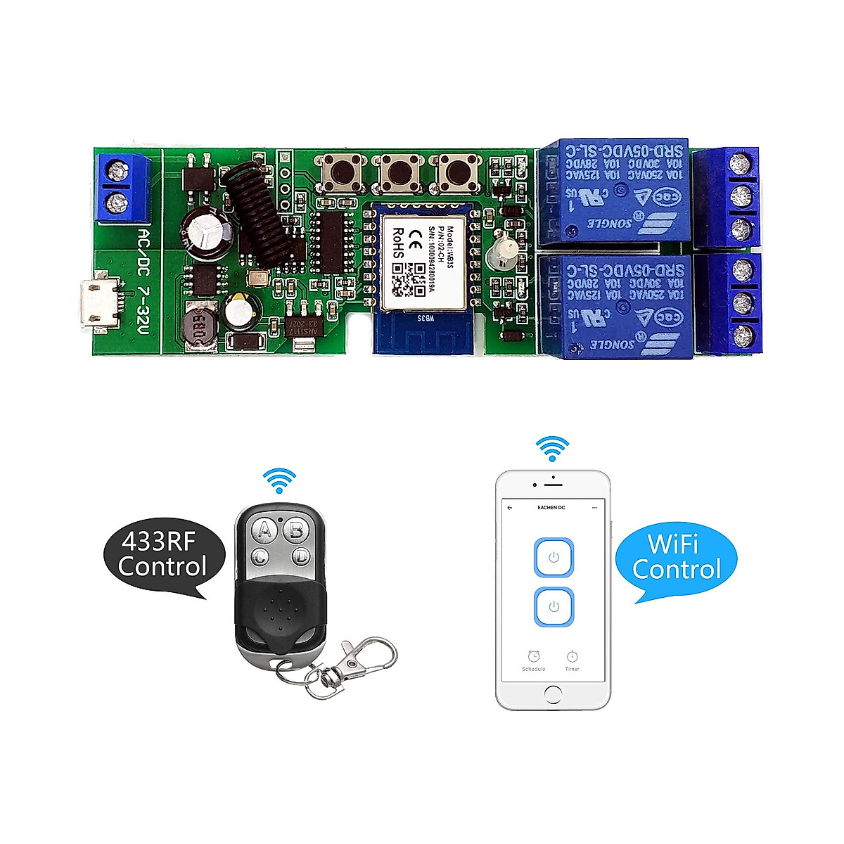 Newgoal 2 channelsWiFi Wireless Smart Switch Inching Self-locking Relay Module, be applied to access control Tuya SmartLife APP,DIY WIFI Garage Door Opener With 433 MHz RF remote control