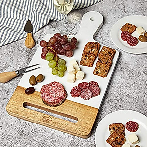 TENDER COTTAGE Marble Acacia Wood Cutting Board - CookBook Holder Adapter - Charcuterie Board - White Marble Cheese Board - Great gift for Christmas, Mothers Day, Wedding, Housewarming - Two Toned