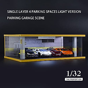 SIKIVOT Model Car Display Case，Model Car Parking Lot Garage，Display Case for 1/32 Diecast Cars，4 Parking Space with LED Light and Acrylic Cover (7334D5)