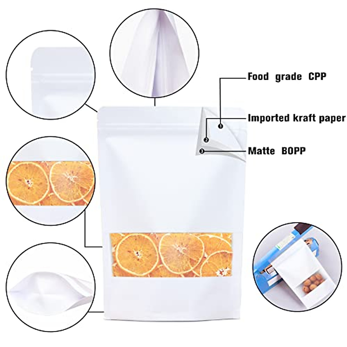 DMPACKDM 50Pcs Kraft Stand Up Pouch Bags, 7.1 x 10 Inches Kraft Stand Up Pouches with Window,Resealable Zip Lock, Heat-Sealable,Suitable for Home or Business.