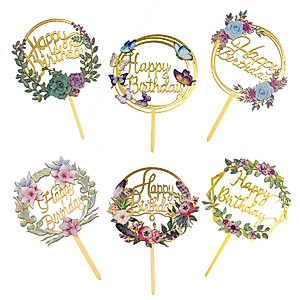 Zilphoba 12pcs Happy Birthday Cake Toppers, Flower Acrylic Gold Birthday Party Cupcake Decorations