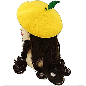 Green Leave Fruit Cosplay Beret Vintage Painter Hat Lolita Kawaii Wool Cap Xmas Gift (Lemon Yellow)