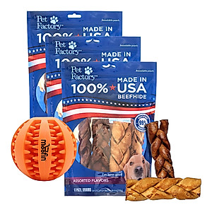 Pet Factory Pet Factory Beefhide 6" Sticks Braided Chews For Dogs, 6 Count Bundle Teeth Cleaning Chew Ball - Made In Usa, Chew Treats For Dental Health, Beef Chicken Flavor [Pack Of 3]