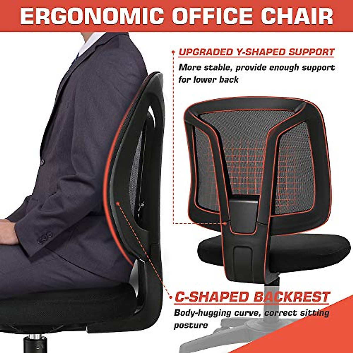 VigorPow Armless Mesh Office Chair Ergonomic Swivel Black Small Computer Desk Chair No Arms with Lumbar Support Height Adjustable Task Chair for Adults and Kids