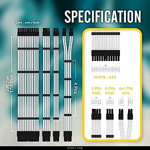 EZDIY-FAB Sleeved Cable - Cable Extension for Power Supply with Extra-Sleeved 24-PIN 8-PIN 6-PIN 4+4-PIN with Combs- White