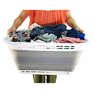 SAMMART 42L (11 gallons) Collapsible Plastic Laundry Hamper/Basket - Foldable Storage Container/Organizer - Portable Laundry Basket - Easy Storage Space Saving (White/Alloy Grey)