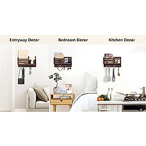 Dahey Wall Mounted Mail Holder Wooden Key Holder Rack Mail Sorter Organizer with 4 Double Key Hooks and A Floating Shelf Rustic Home Decor for Entryway or Mudroom,15.8" W x9.5 Hx2.7 D, Brown