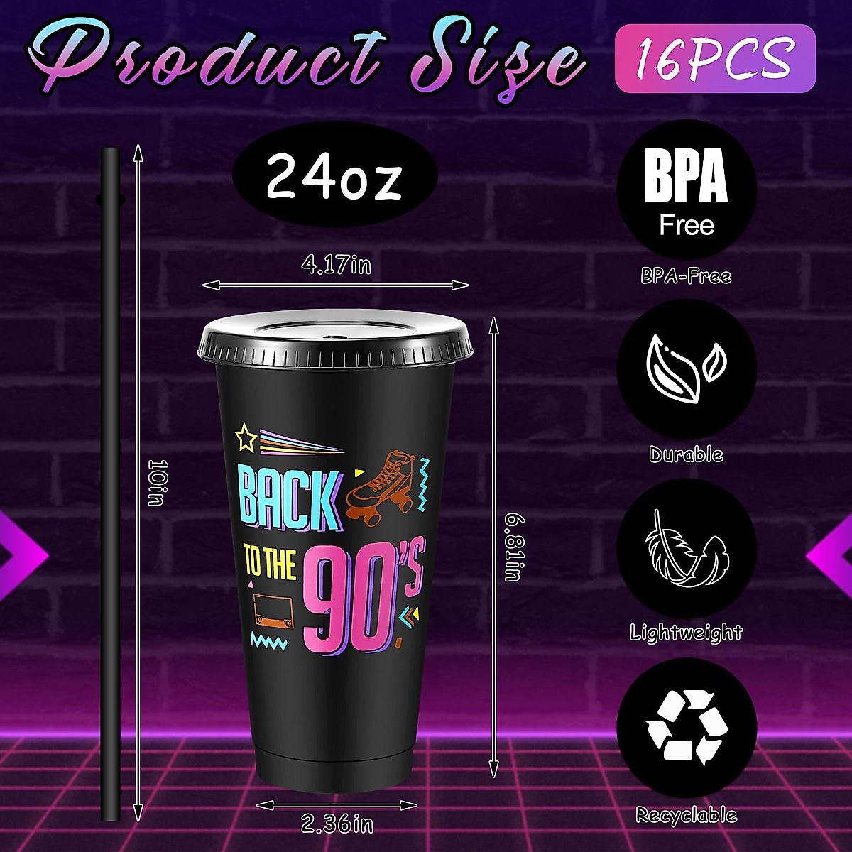Uiifan 16 Pcs Back to the 90's Party Cute Reusable Cups with Lids and Straws 24 oz Cold Drinking 90's Retro Plastic Tumblers Bulk Funny Back to the 90's Party Decorations Supplies