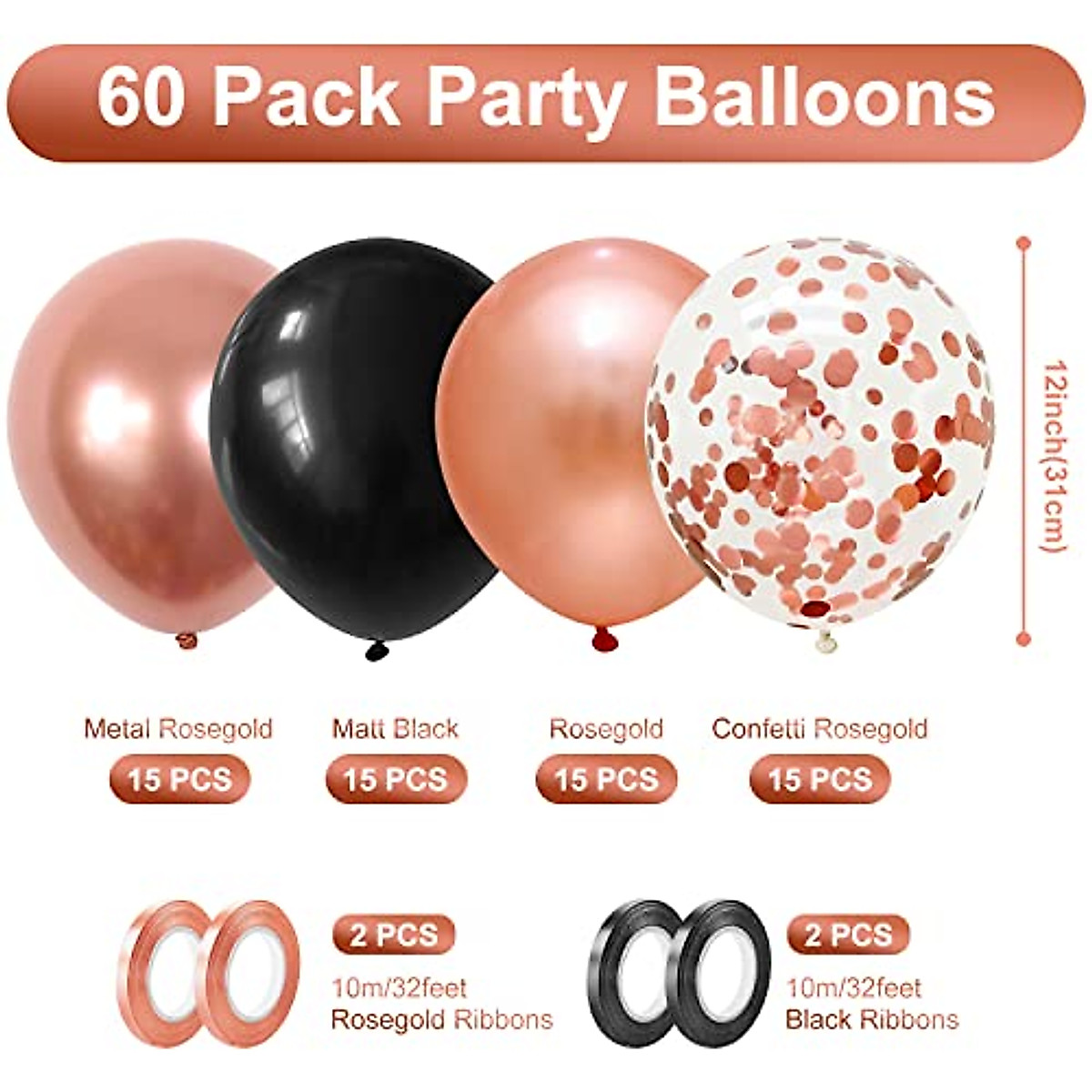 Rose Gold and Black Balloons, 60Pcs 12 Inch Metallic Rose Gold Balloons, Black Balloons and Confetti Balloons, Latex Balloons for Black Party Decorations, Rose Gold Birthday Decorations, Baby Shower
