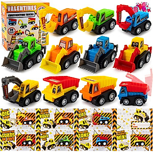 JOYIN 28 Valentines Day Construction Vehicle Greeting Cards for Kids Valentine's Day Classroom Exchange Prizes, Construction Truck Party Favor Gifts