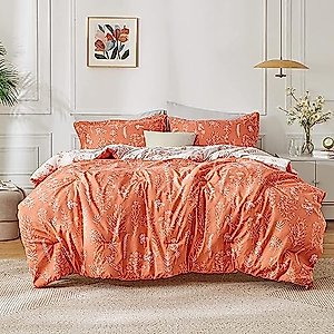Bedsure Full Comforter Set for Kids - Coral Orange Comforter, Cute Floral Kids Comforter Sets, 3 Pieces, Includes 1 Reversible Botanical Comforter for Children and 2 Pillow Shams