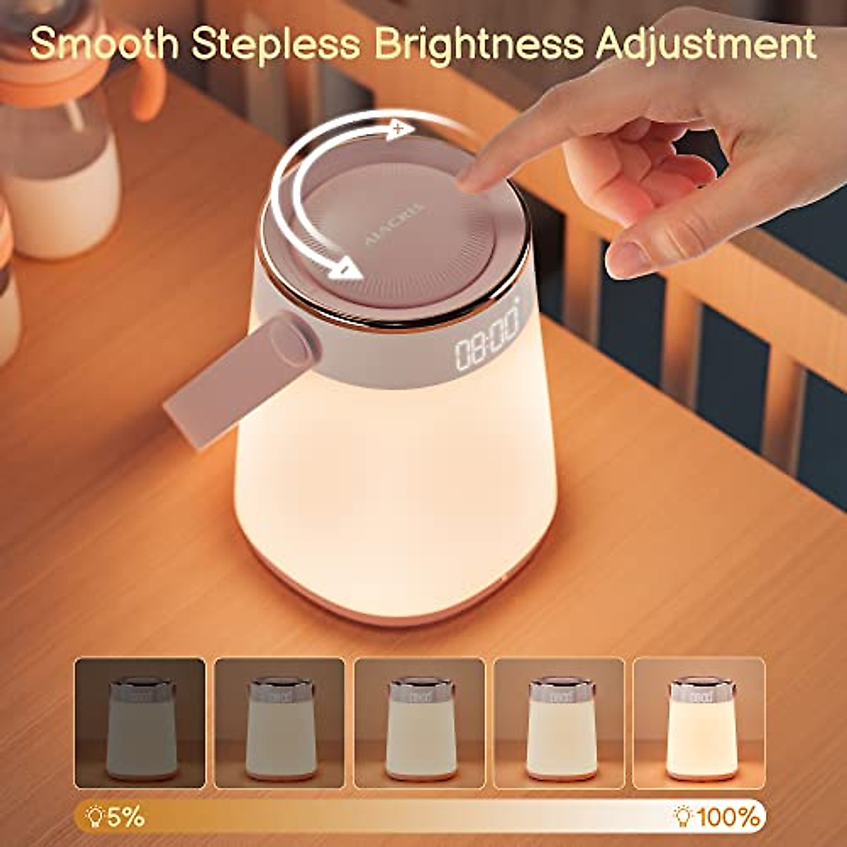 ALACRIS Bedside Lamp, Portable Nursery Night Light with Remote Control Timing and Temperature Display, Dimmable Warm Night Light for Babies Breastfeeding and Sleep Aid, Kids Alarm Clock Night Light
