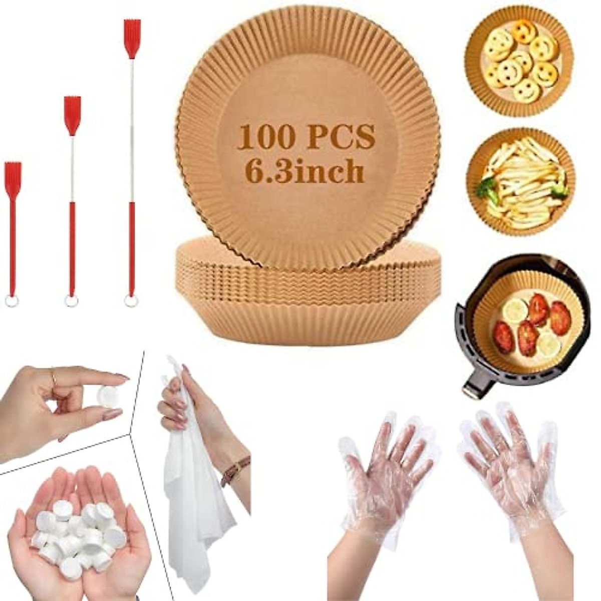 Pack of 128pcs having 100pcs Airfryer Liners 6.3inch with 1pc Silicone Brush, 7pc Compressed Towels And 20pc Disposable plastic gloves for kitchen, Air Fryer Disposable and Non-Stick Paper Liners.