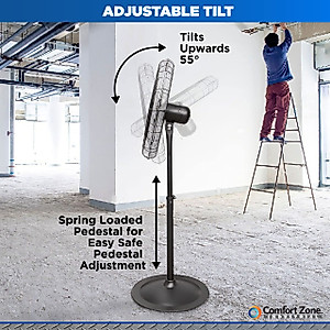 Comfort Zone CZHVP30 30” High-Velocity 3-Speed Industrial Pedestal Fan with Aluminum Blades and Adjustable Height, Black