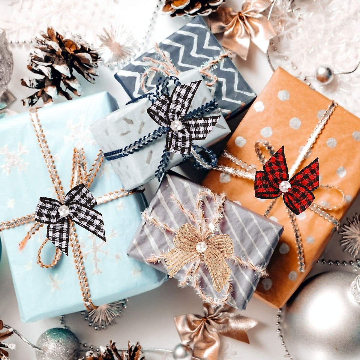 Meseey 60pcs 1" Mini Buffalo Check Plaid Red and Black Ribbon Burlap Bow White and Black Gingham Ribbon Double Bows for Packages Gift Wrapping Christmas Decoration