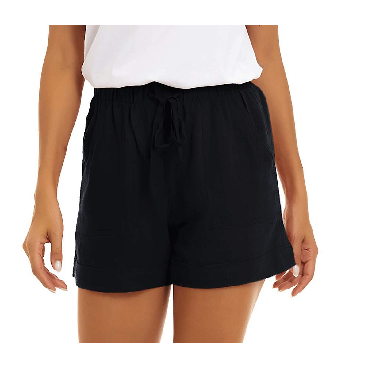 CNFUFEN Women Shorts Solid Colour Fashion Athletic Linen Shorts Ladies Harem Black Pants Beach Clothes Plus Size High Waist Short Black XL