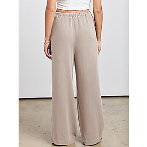 ANRABESS Women's Linen Summer Palazzo Pants Elastic Waist Casual Beach Trendy Wide Leg Trousers with Pockets Large Light Khaki