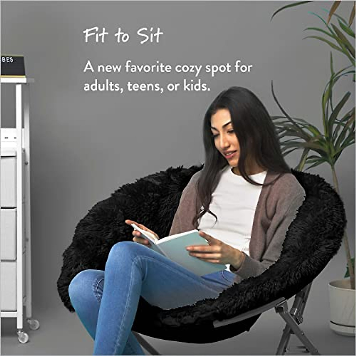 Urban Shop Oversized Mongolian Faux Fur Saucer Chair, Black