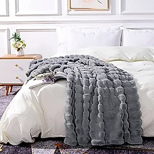 NEXHOME PRO Faux Fur Throw Blanket, Luxury Soft Rabbit Warm Fuzzy Cozy Fluffy Feel Fleece Blankets for Women 50" X 60",Comfy Ruched Blanket for Sofa Couch Bed DÉcor Grey