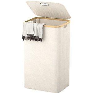 Homykic Laundry Hamper with Lid, 100L Tall Laundry Basket Collapsible with Bamboo Handles, Large Waterproof Laundry Bin Storage for Dorm, Bathroom, Bedroom, Clothing, Clothes, Toys, Cream White