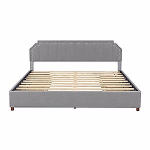 OPTOUGH Upholstered King Size Platform Bed Frame with 4 Storage Drawers and Headboard, Wooden Slats Support, No Box Spring Needed, Grey