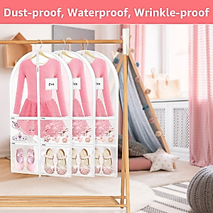 SDAWIN 40'' Clear Kids Dance Costume Garment Bags for Dancers with Pockets, PVC Waterproof 3.3" Gussetes for Girls and Boy Travel Clothes Covers, 3 Packs