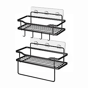 ELUBOIDG Shower Caddy,2 Pack Adhesive Shower Shelf,No Drilling Stainless Steel Shower Organizer with 4 Hooks and 1 Towel Rack,Hanging Bathroom Shelves for Inside Shower & Kitchen Storage (Matte Black)