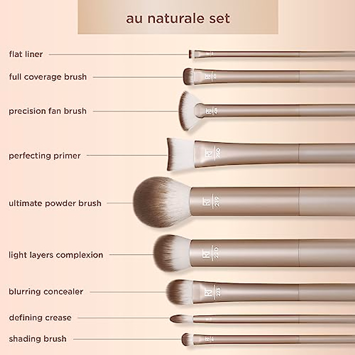 Real Techniques Au Naturale Makeup Brush Kit, For Foundation, Powder, Eyeshadow, Blush, Bronzer, & Concealer, Premium Quality Face Brushes, 9 Piece Set