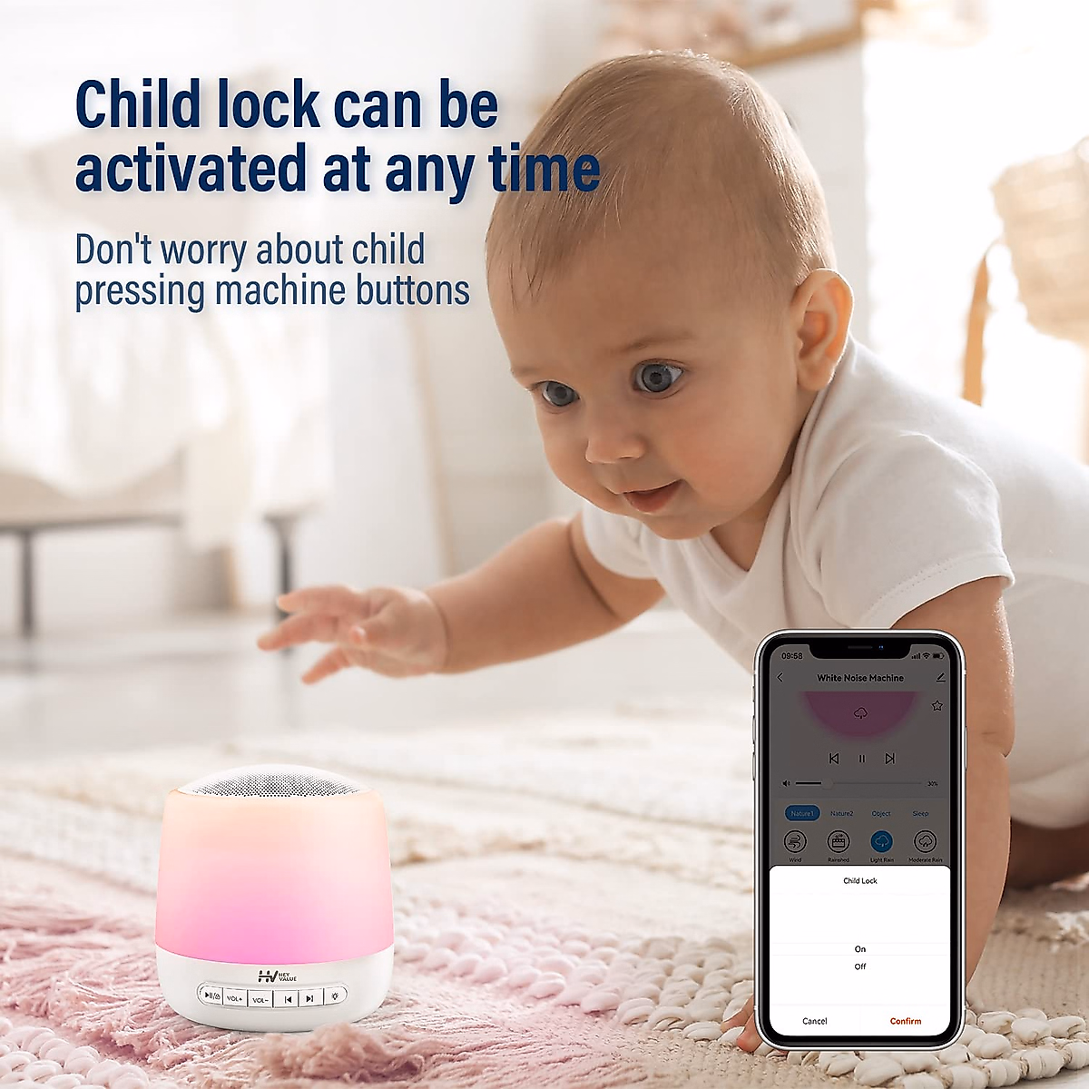 Baby Sound Machine, HEYVALUE White Noise Machine for Baby Sleeping, Night Light |Toddler Sleep Trainer | 34 Soothing Sound | App Remote Control, Personal Sleep Routine (Wi-Fi)