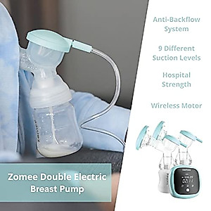 Zomee Z1 Double Electric Breast Pump | Milk Flow Stimulating Massage Mode and 9 Comfortable Suction Levels | LCD Screen | Rechargeable | Portable